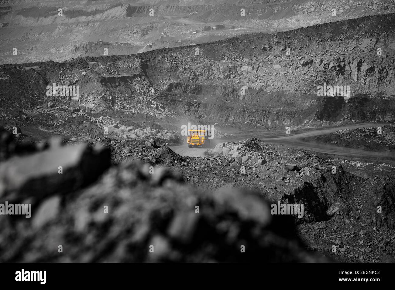 Big yellow mining truck coal transportation. Open pit mine industry ...