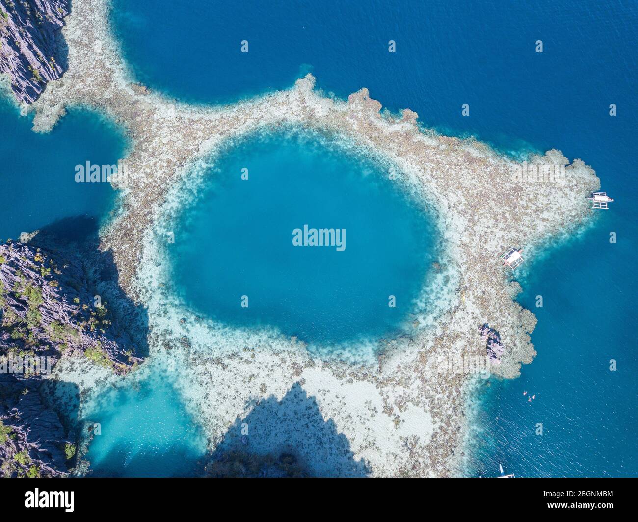 Aerial of magnificent Coron island lagoon, turquoise clear water and ...