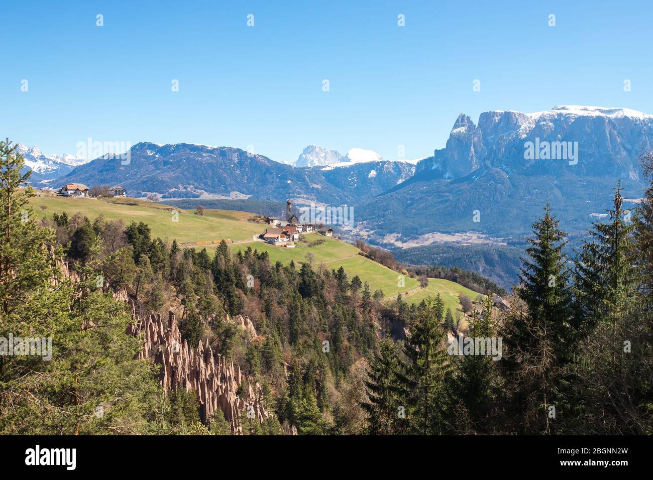 Natural earth pyramids in Renon Ritten Italy. Aerial view Stock Photo ...