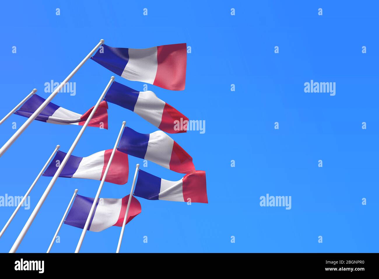 France flags waving in the wind against a blue sky. 3D Rendering Stock ...