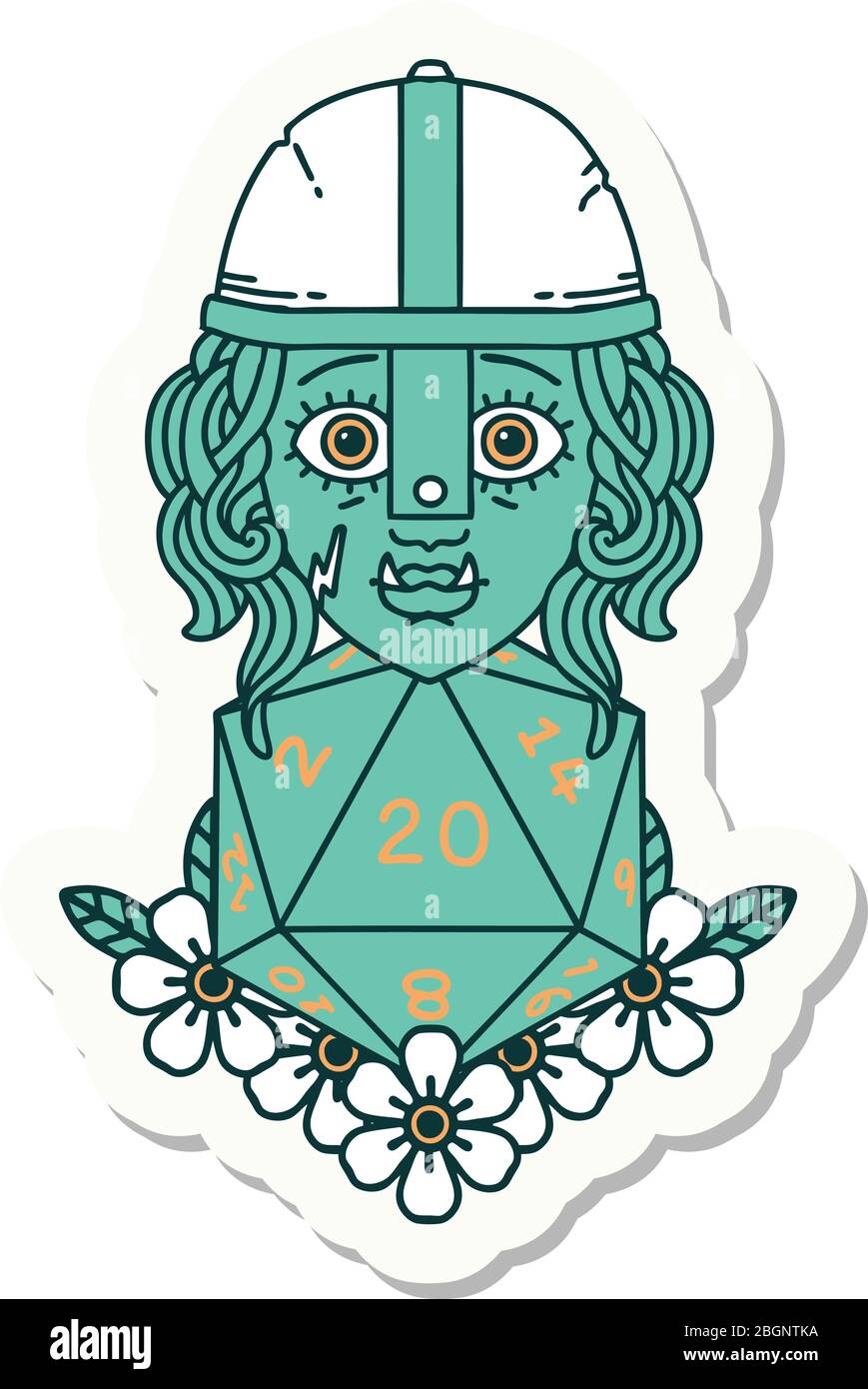 sticker of a half orc fighter character with natural twenty dice roll ...