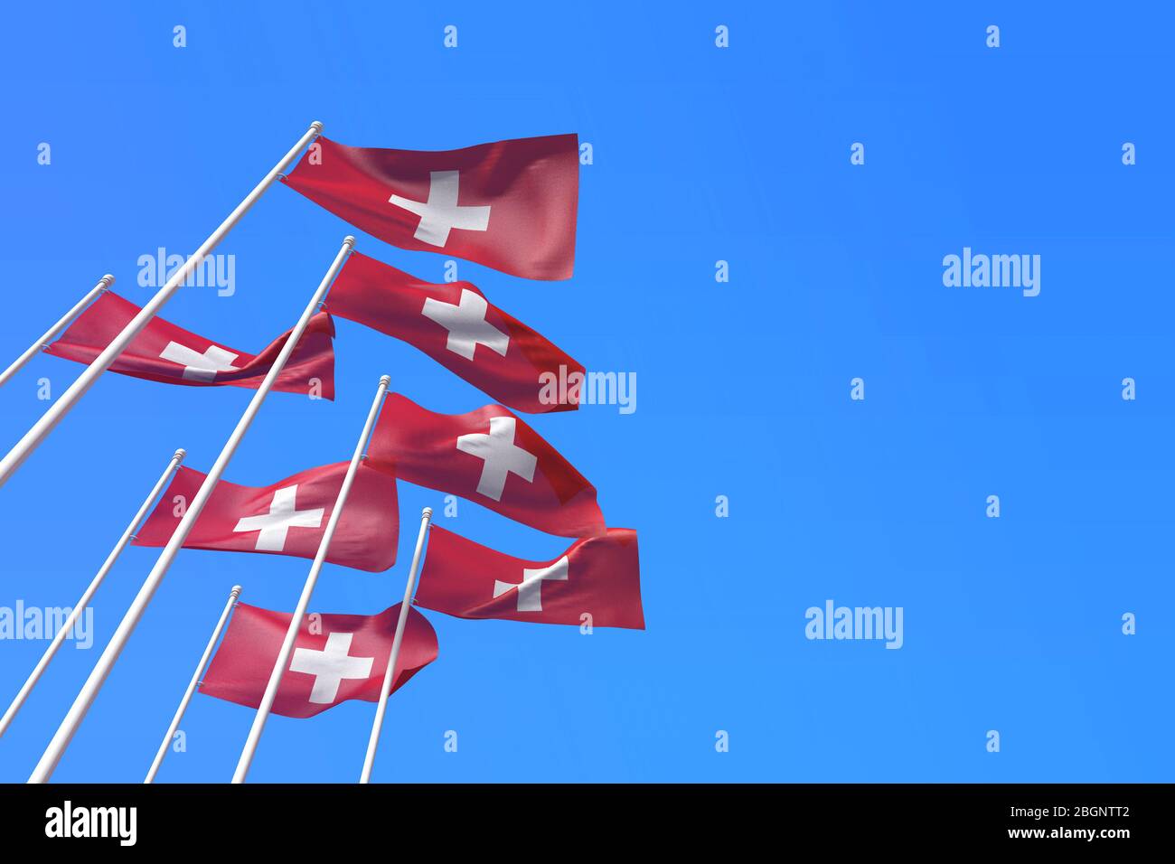 Switzerland flags waving in the wind against a blue sky. 3D Rendering ...