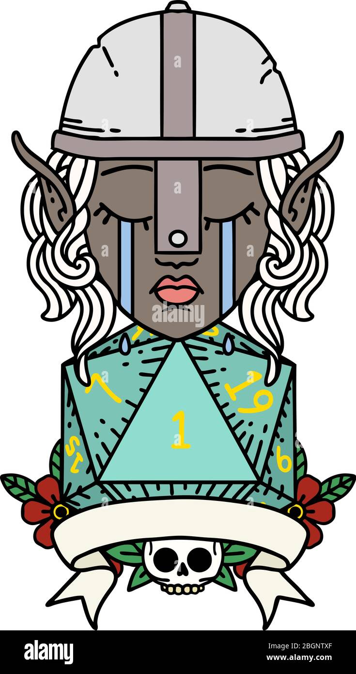 Retro Tattoo Style crying elf fighter character face with natural one ...