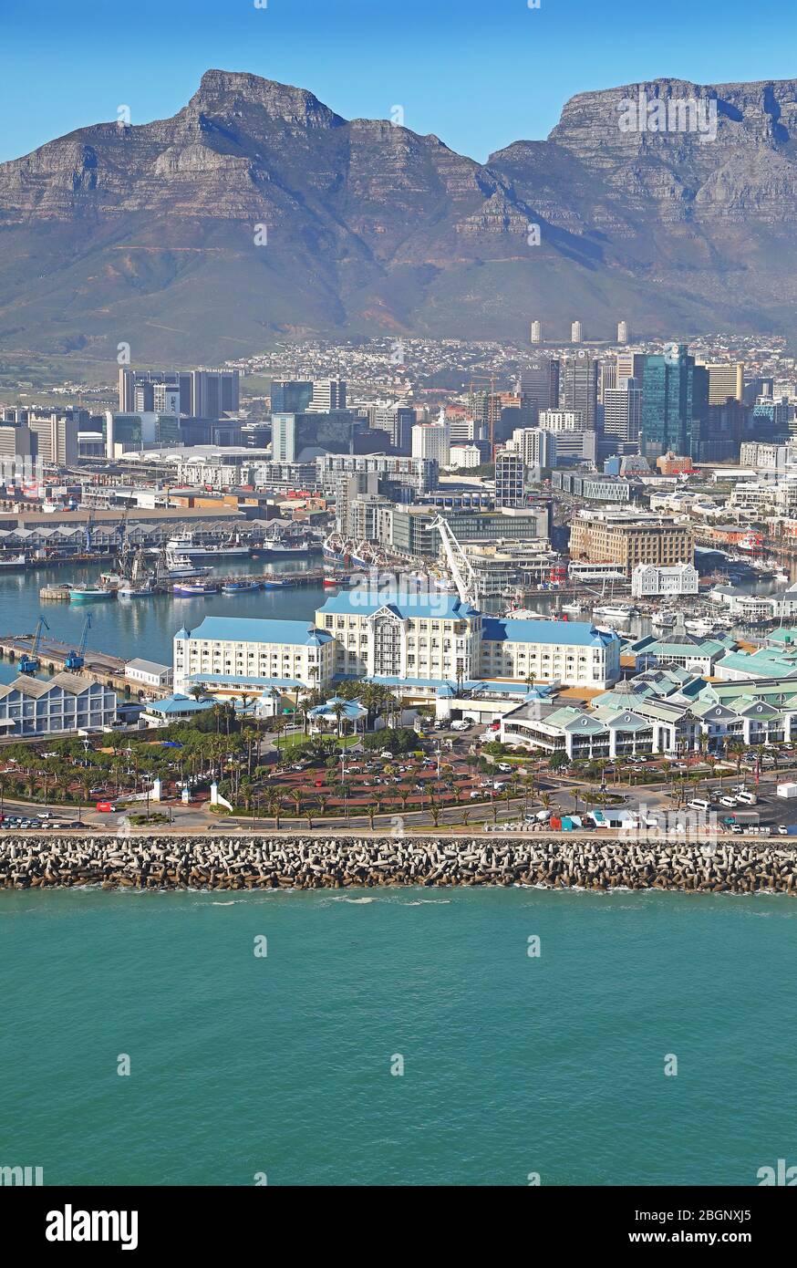 Aerial view of Table bay Harbour with V&A Waterfront and Table Mountain ...