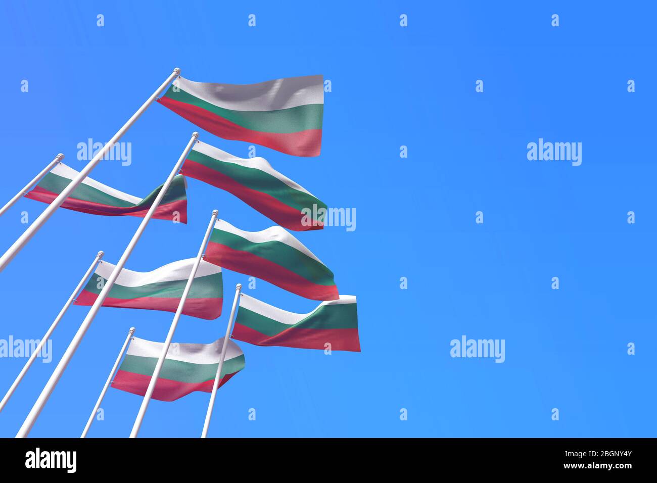 Bulgaria flags waving in the wind against a blue sky. 3D Rendering ...