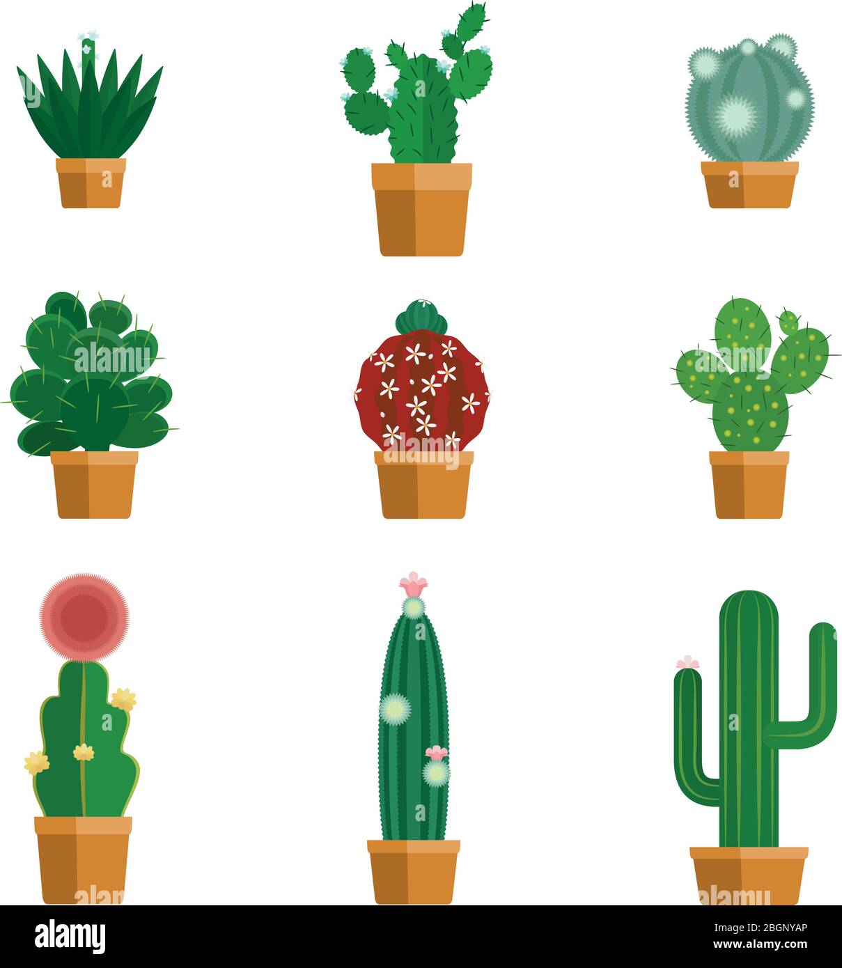 Cactus icons in flat style. Tropical flowers in flowerpots. Vector ...