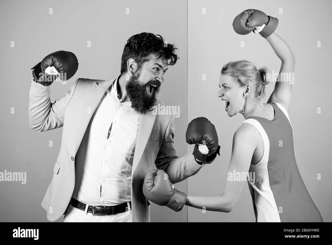Conflict concept. Family quarrel. Boxers fighting in gloves. Domination ...