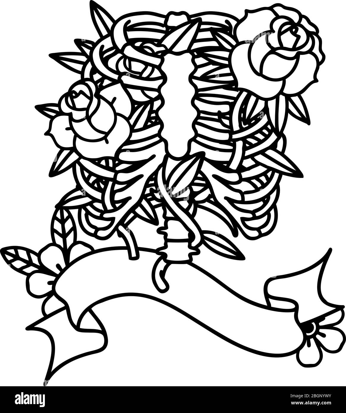 traditional black linework tattoo with banner of a rib cage and flowers ...