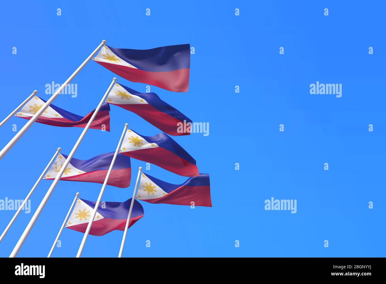 Philippines flags waving in the wind against a blue sky. 3D Rendering ...