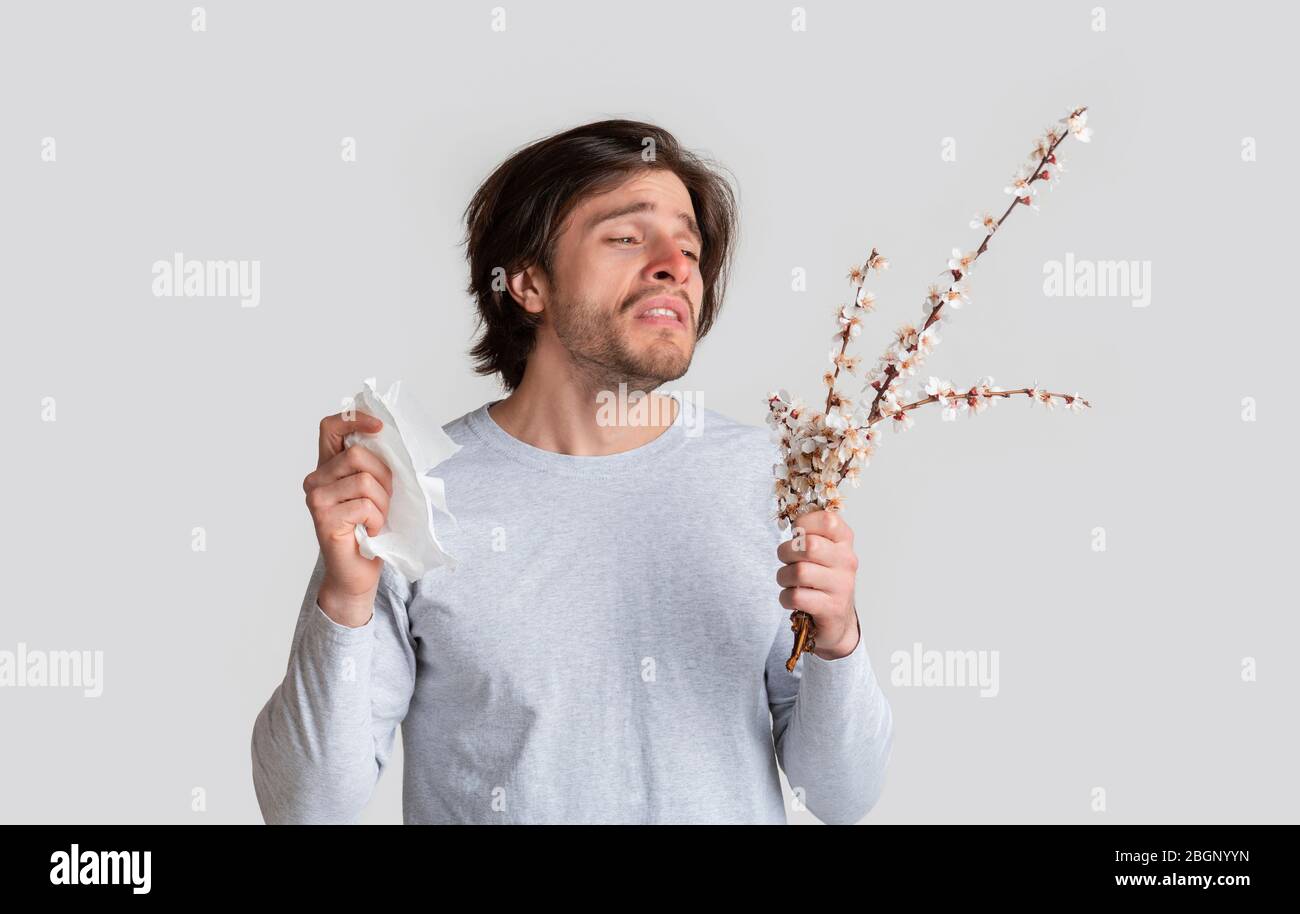 Allergy and bad feeling concept. Man holds flowers Stock Photo - Alamy