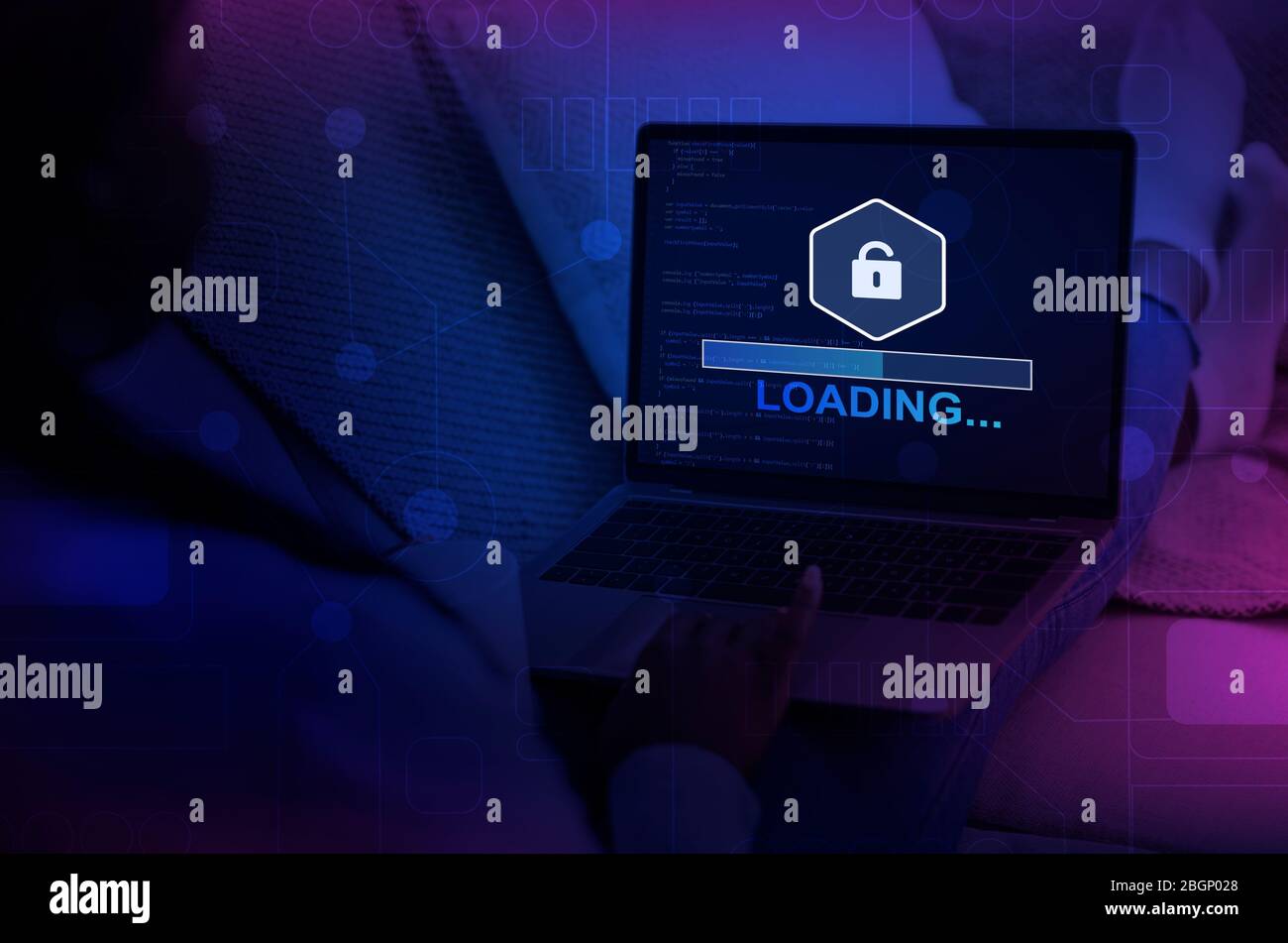 Unrecognizable hacker using laptop with progress loading bar Stock ...