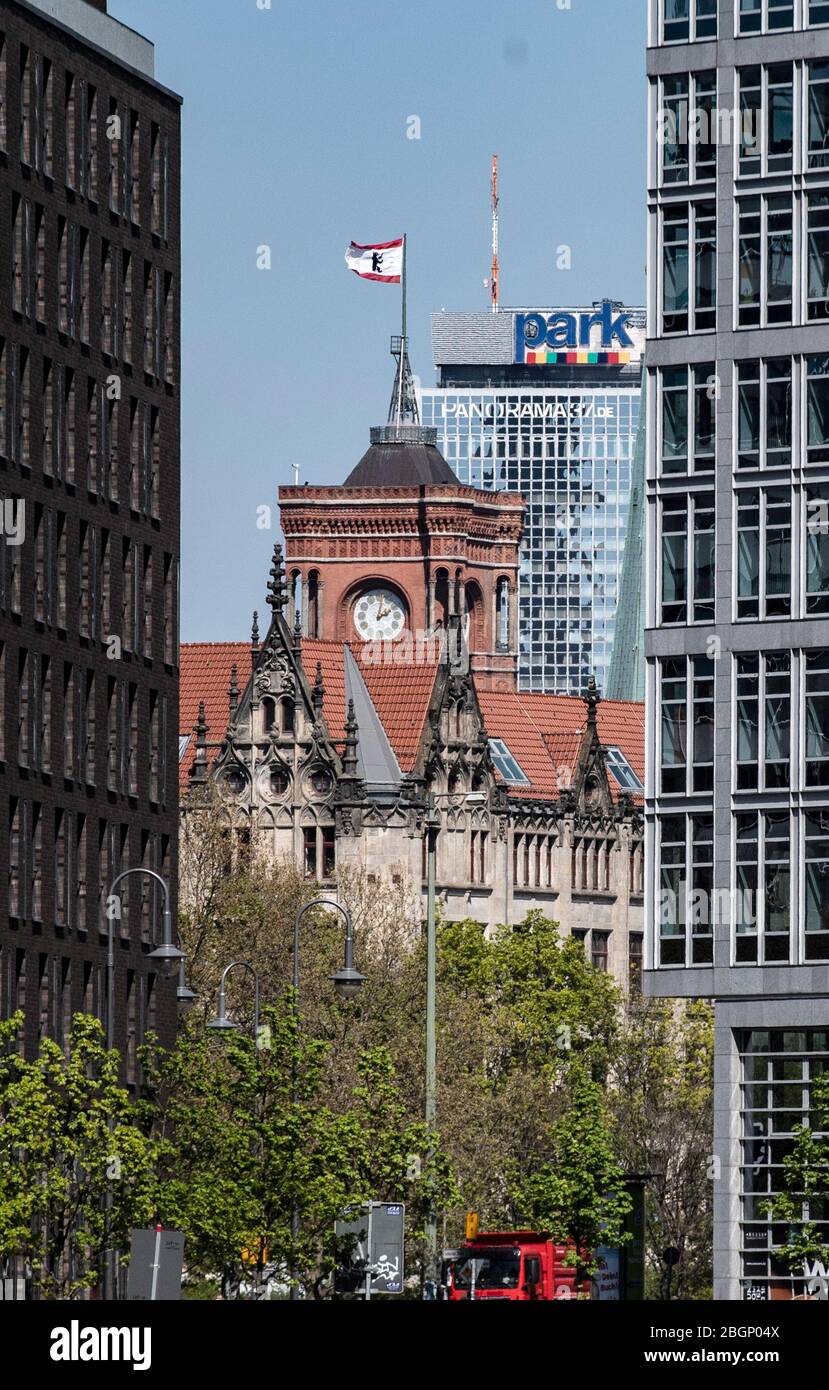 Berlin, Germany. 22nd Apr, 2020. The tower of the Rotes Rathaus can be ...