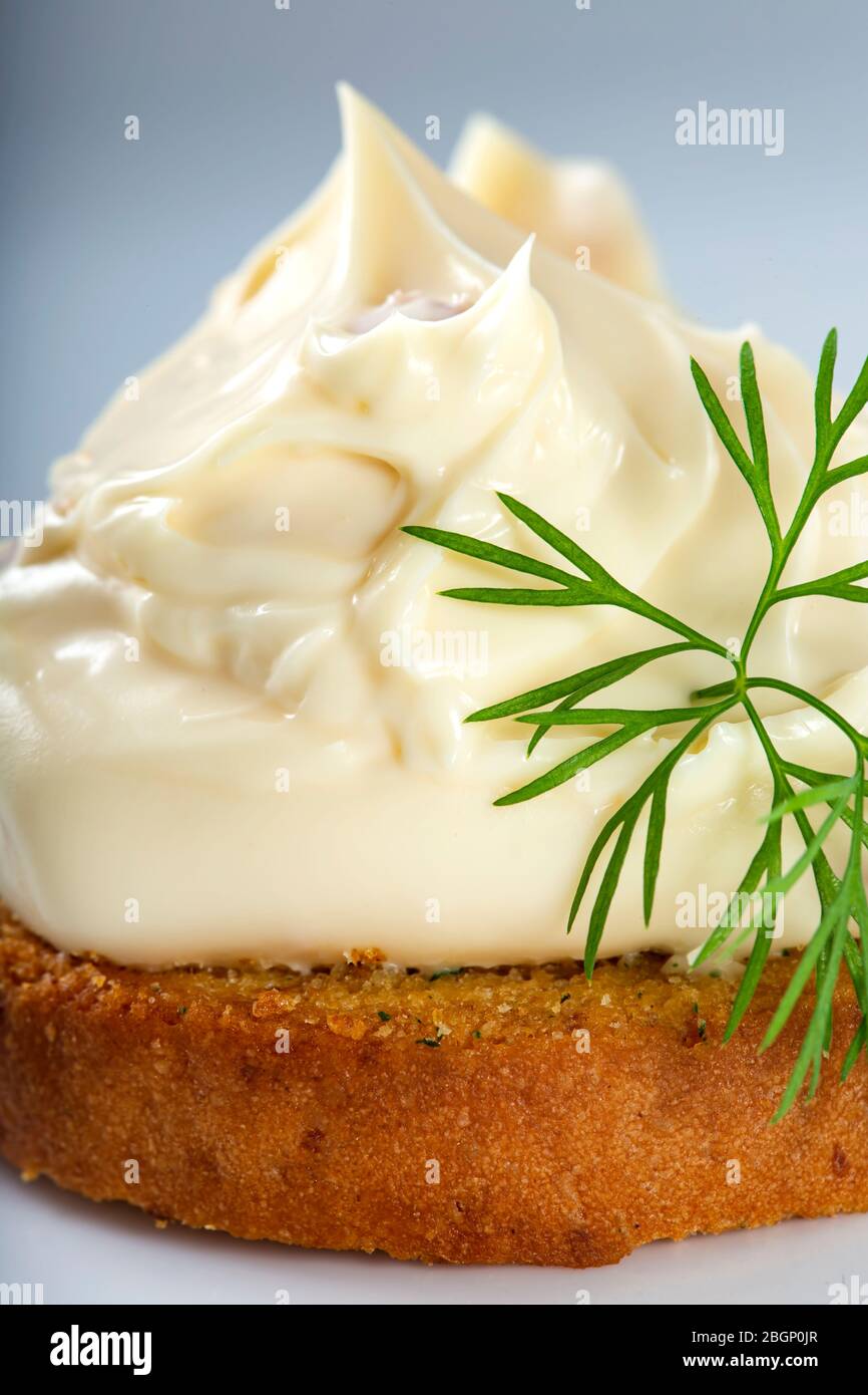 Starter made from cream cheese and pieces of prosciutto on a small ...