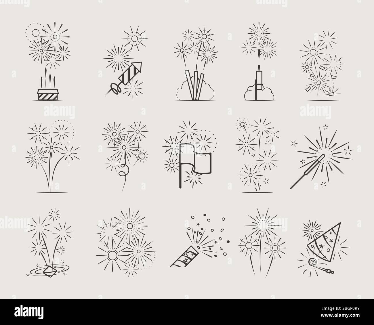 Pyrotechnic line icons. Fireworks and celebration thin line signs ...