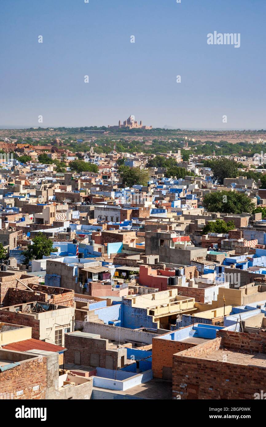 The painted blue houses of Jodhpur and Umaid Bhavan Palace from ...