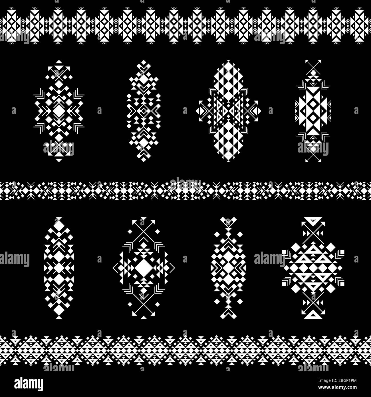 White tribal elements and ethnic patterns on black background. Vector ...