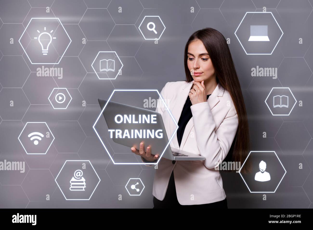 Online training. Young female teacher with laptop computer and e ...