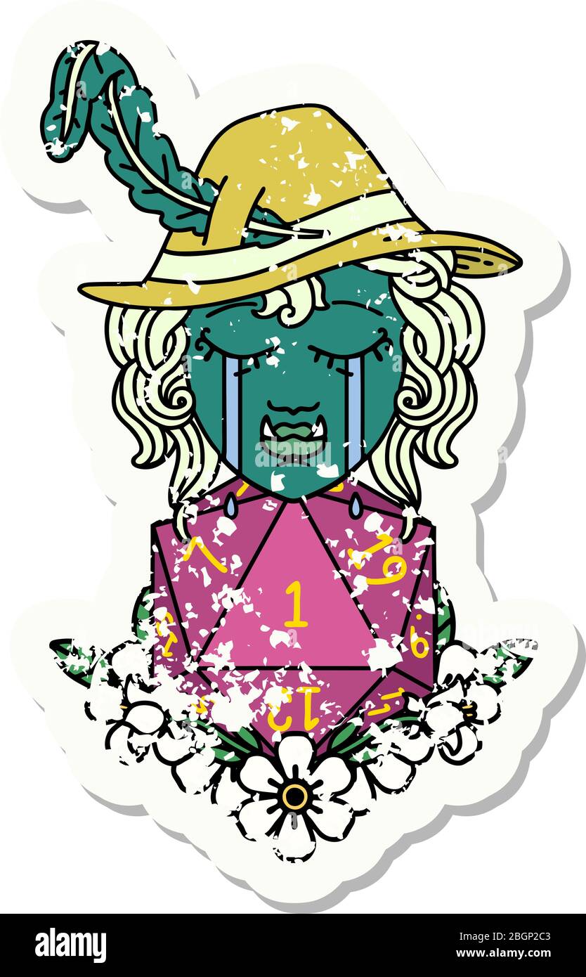 Retro Tattoo Style sad half orc bard character with natural one d20 ...