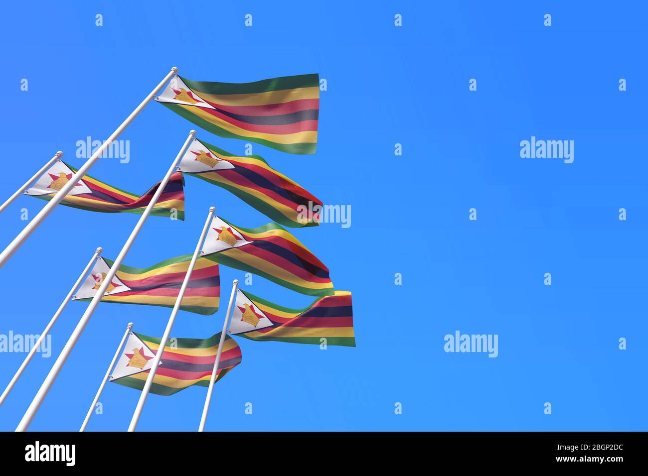 Zimbabwe flags waving in the wind against a blue sky. 3D Rendering ...