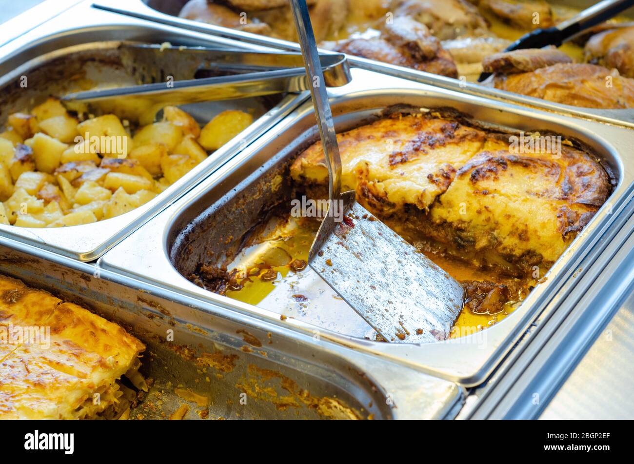 buffet bain marie catering mousakas and pasticcio containers Stock ...