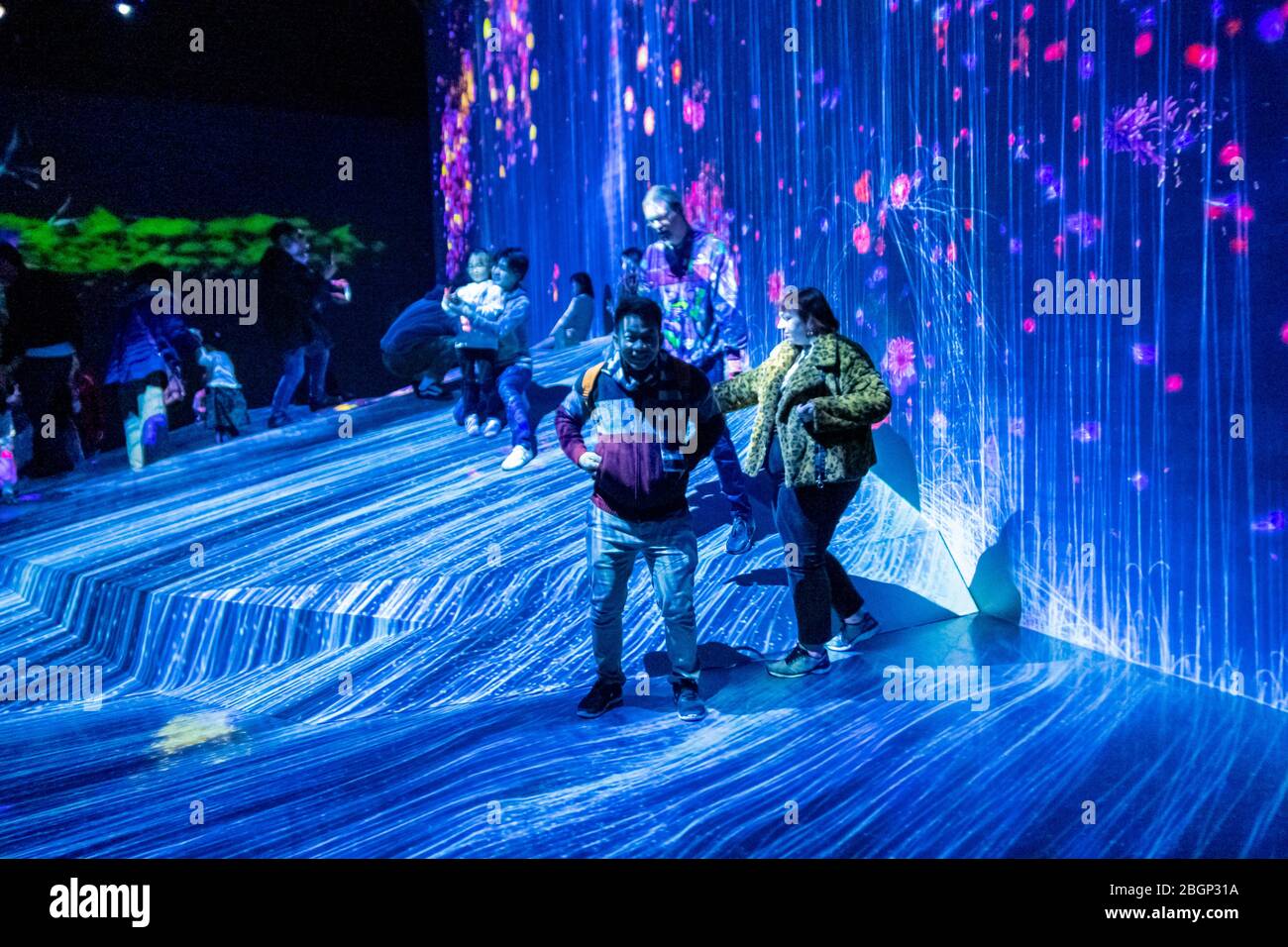 Interactive light effect as the waterfall and river at teamLab ...
