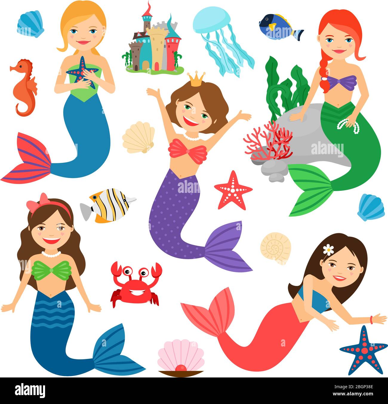 Mermaids characters set. Cute mermaids vector illustration Stock Vector ...