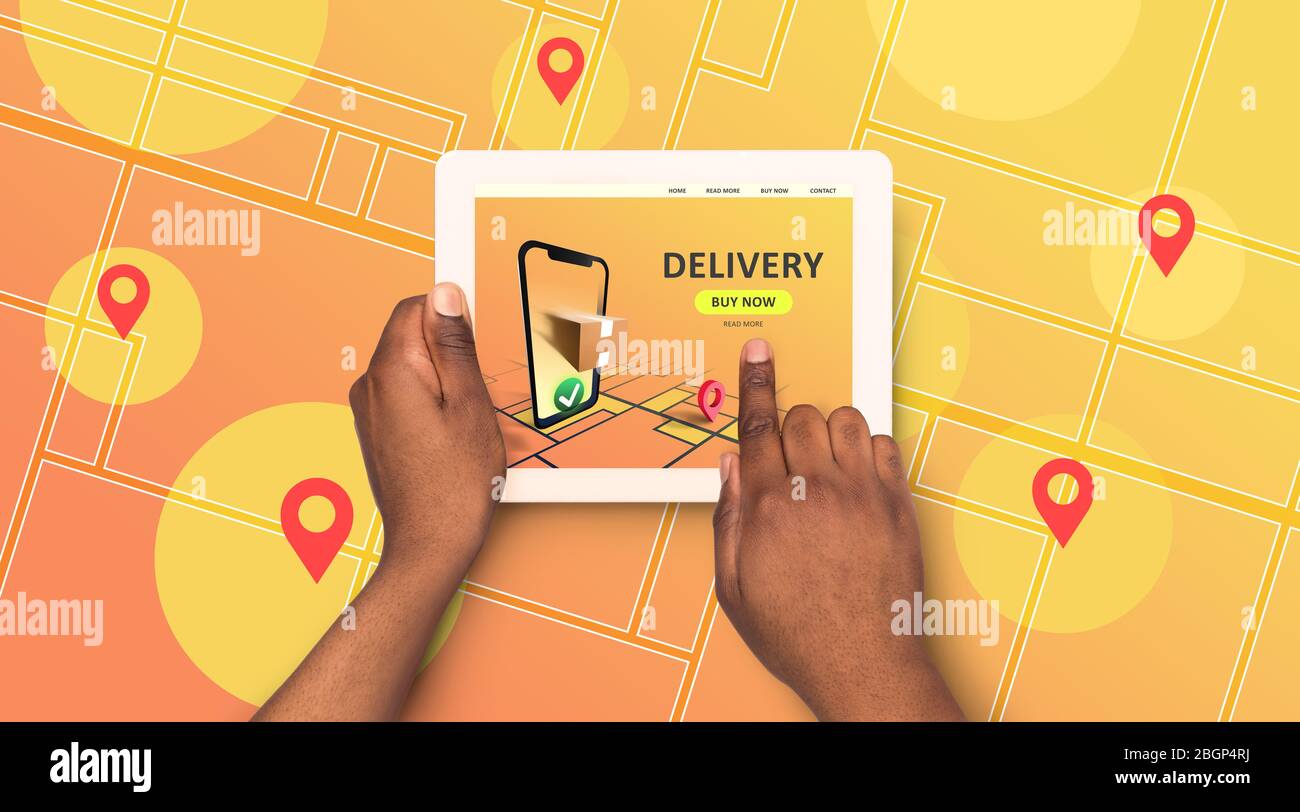 Online delivery application. African American guy shopping via tablet ...