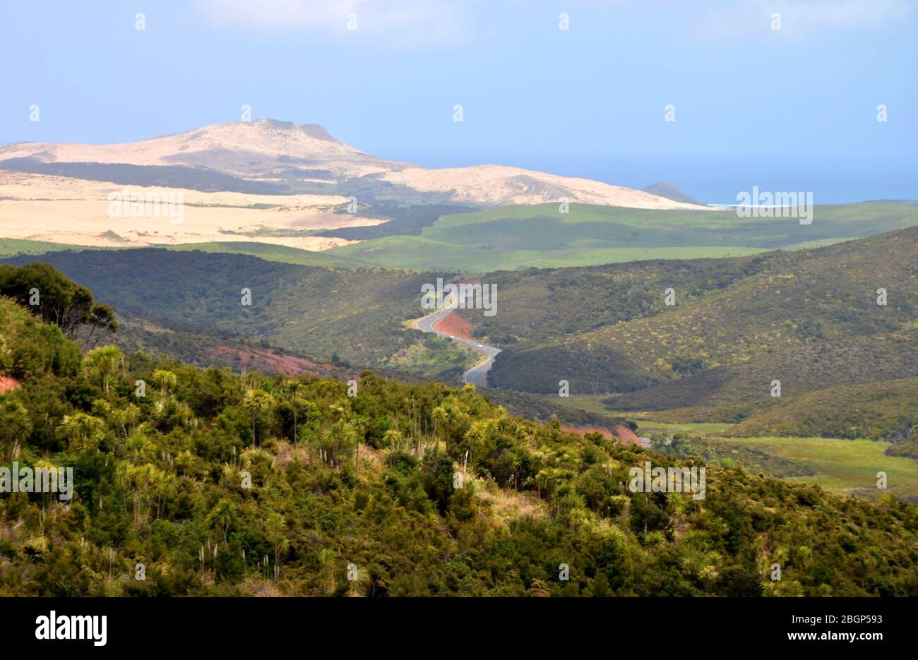 Aerial view from the mountains towards coastline near Cape Reinga New ...