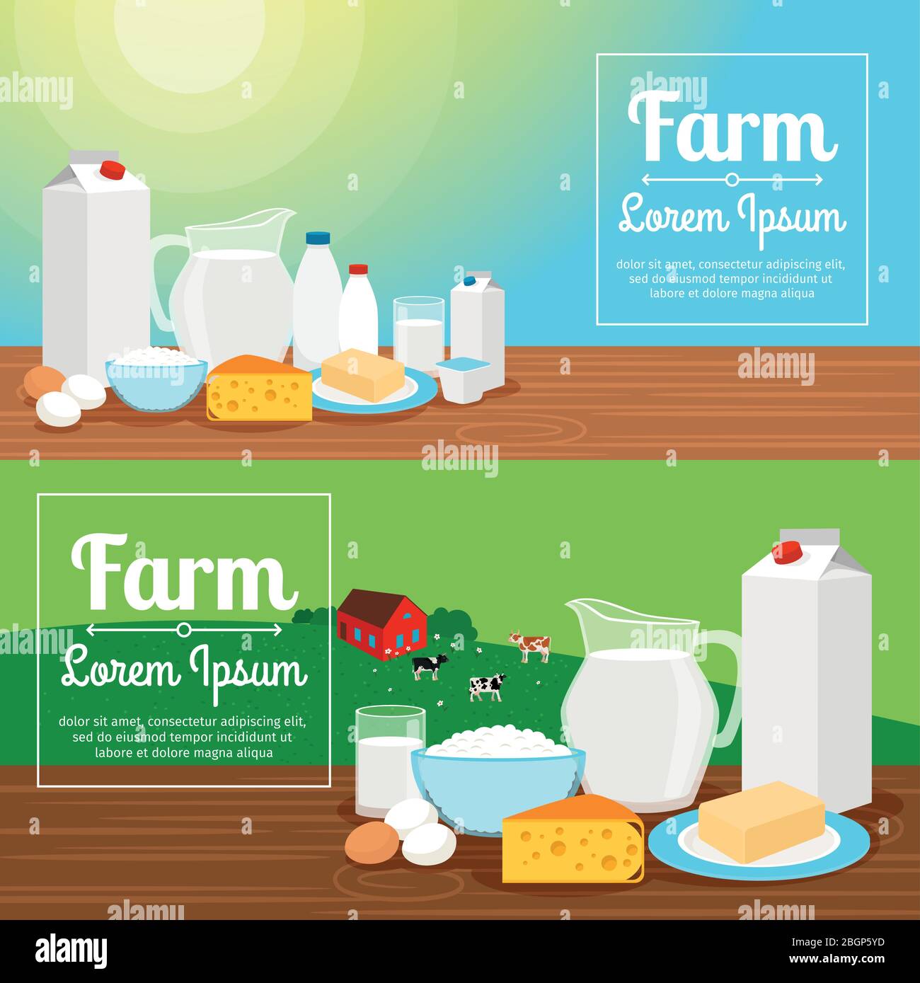 Milk farm banners. Horizontal dairy products banners with cows and ...