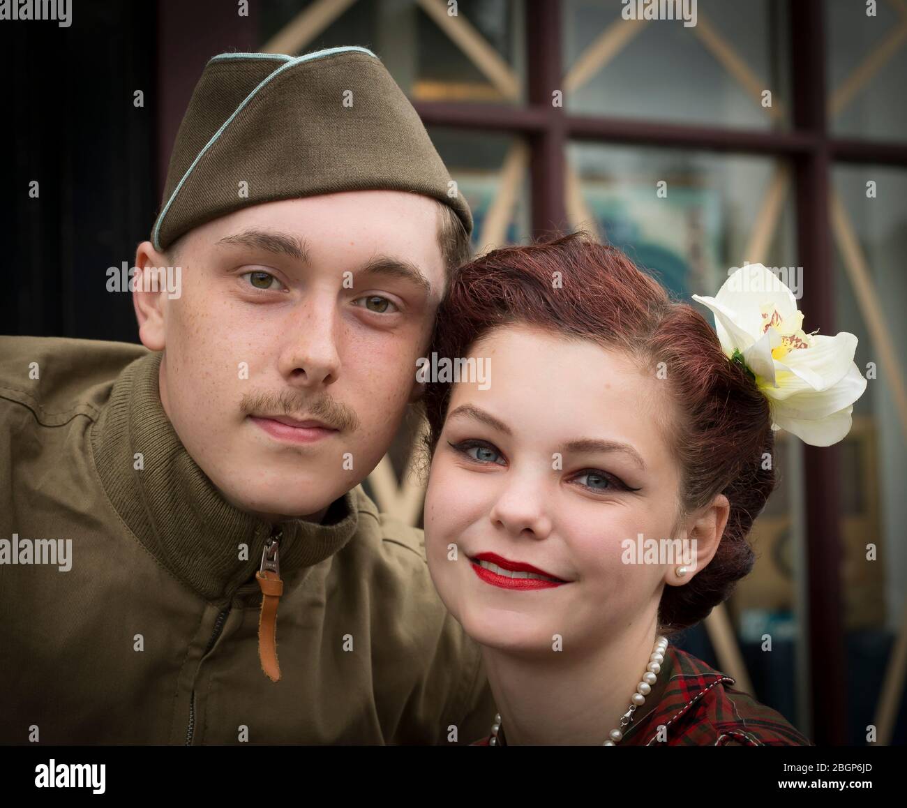 Front view, close-up portrait of 1940s young couple in love isolated ...