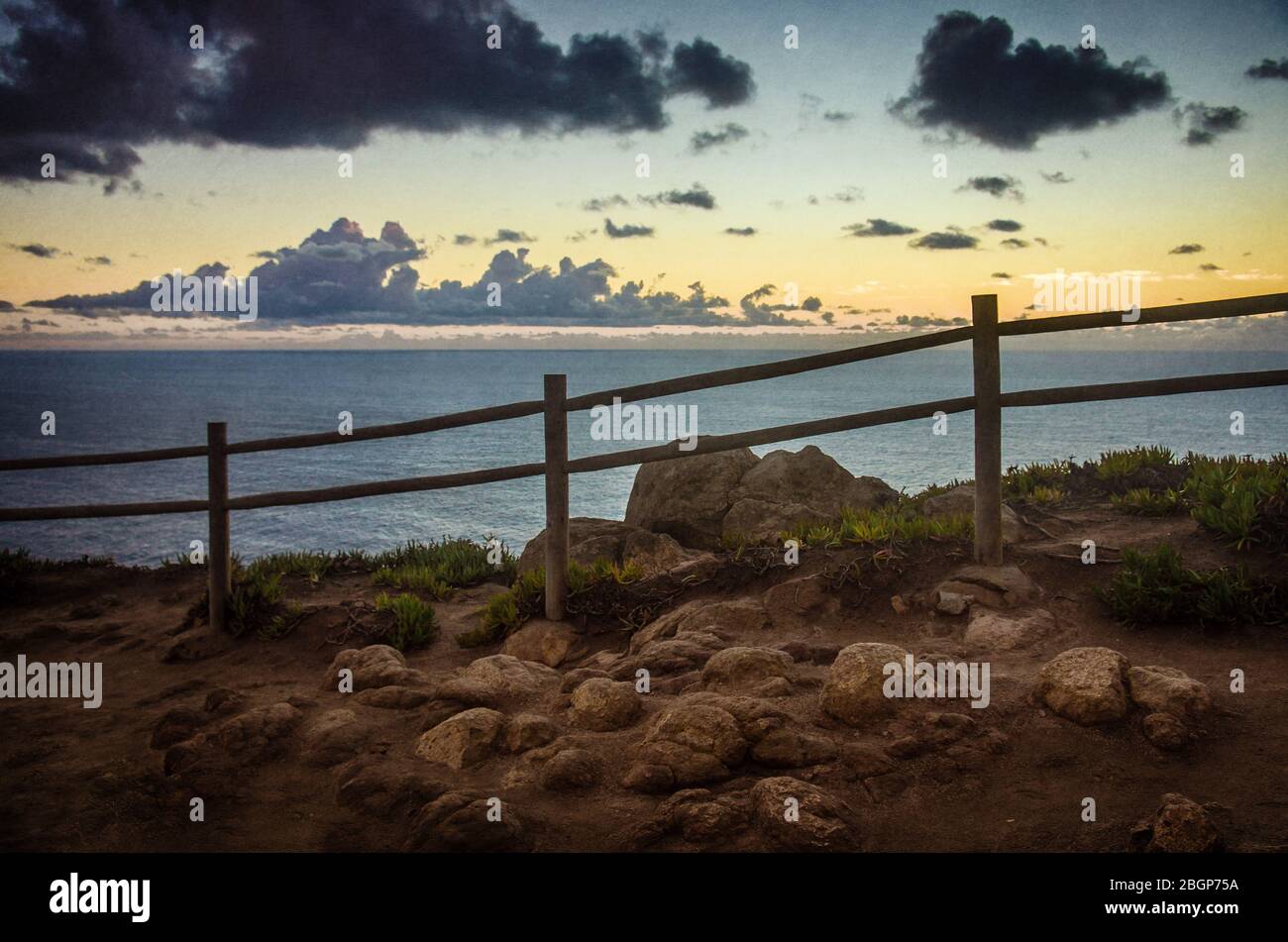 View od Cabo da Roca in Sintra - Roca Cape - cliffs and fence at sunset ...
