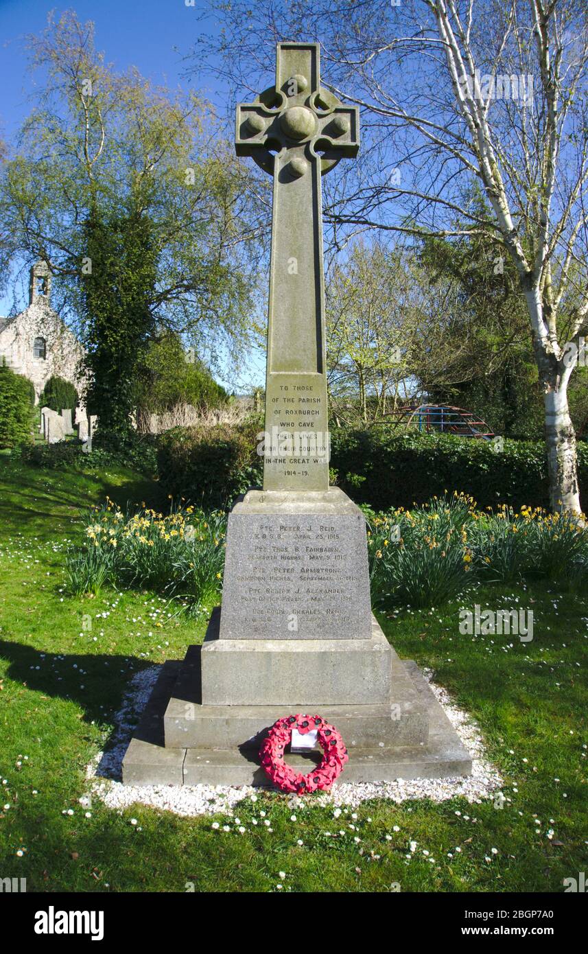 Celtic cross First World War memorial in the grounds of Roxburgh Parish ...