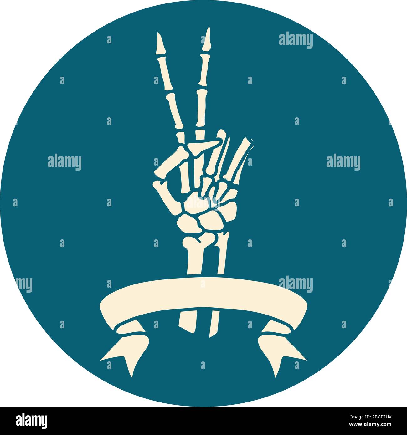 tattoo style icon with banner of a skeleton giving a peace sign Stock ...
