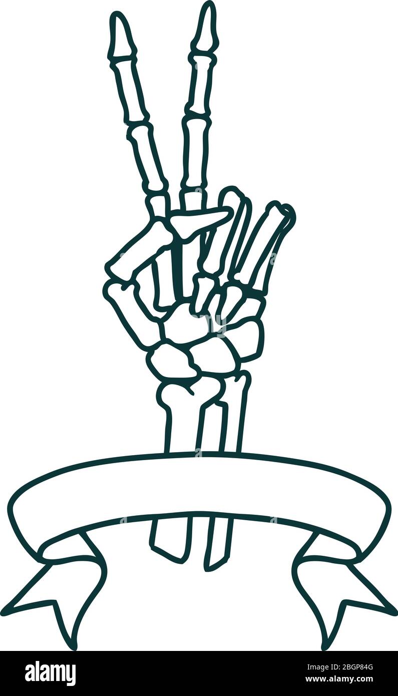 traditional tattoo with banner of a skeleton giving a peace sign Stock ...