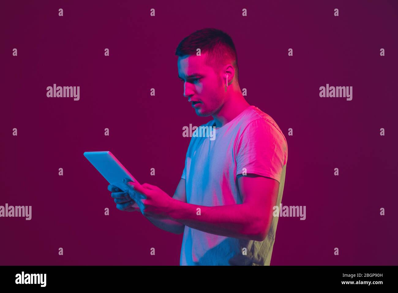 Selfie, vlog, shopping, betting. Caucasian man's portrait isolated on ...