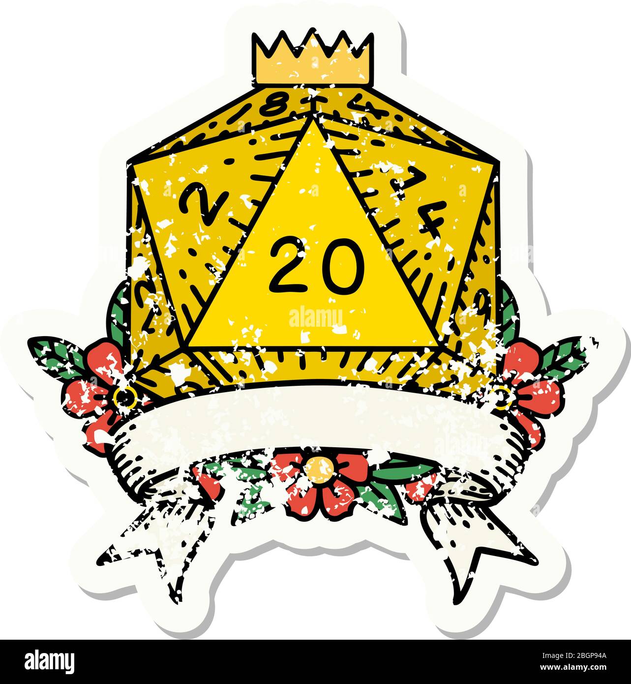 grunge sticker of a natural 20 critical hit D20 dice roll Stock Vector ...