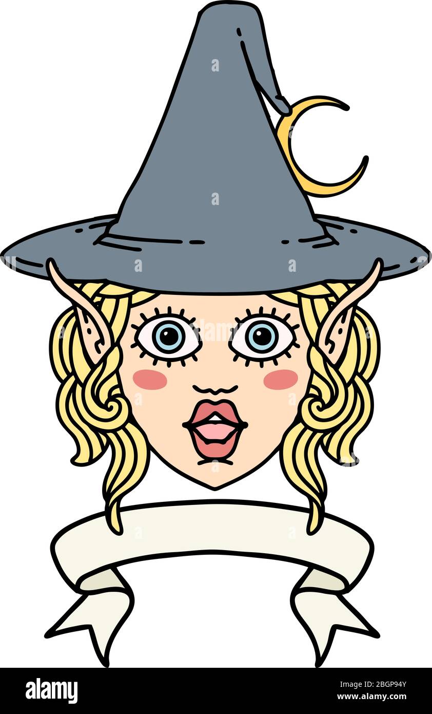 Retro Tattoo Style elf mage character face with banner Stock Vector ...