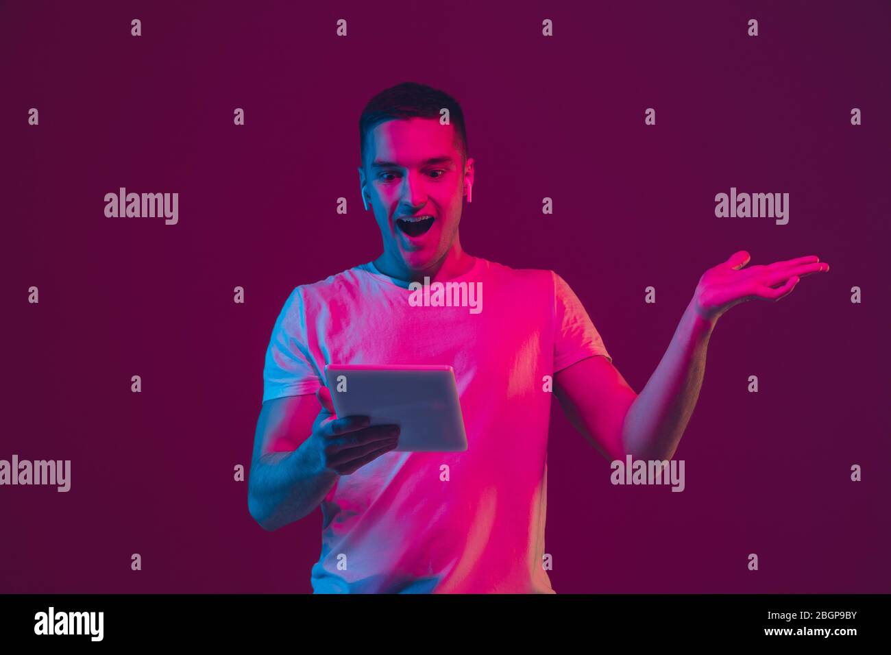 Selfie, vlog, shopping, betting. Caucasian man's portrait isolated on ...