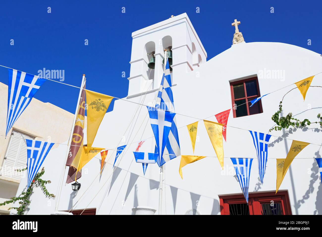 Church with flags in Mykonos Town,Mykonos Island,Cyclades,Greece,Europe ...