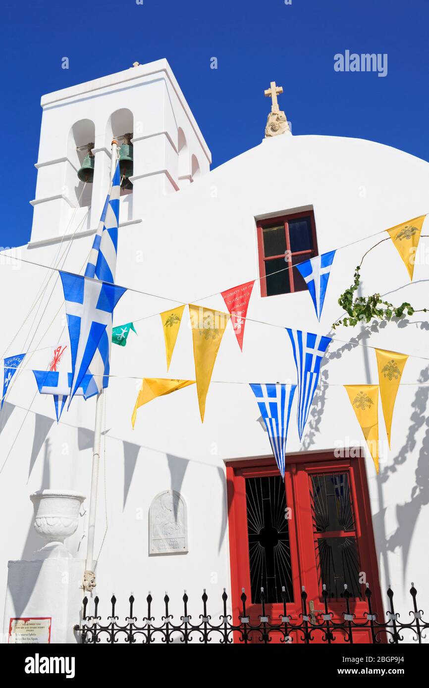 Church with flags in Mykonos Town,Mykonos Island,Cyclades,Greece,Europe ...