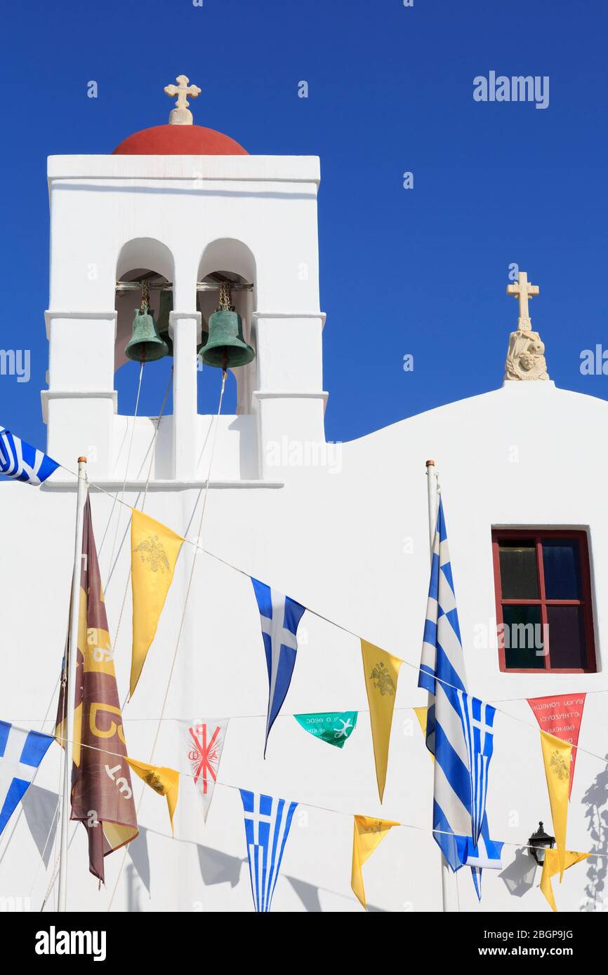 Church with flags in Mykonos Town,Mykonos Island,Cyclades,Greece,Europe ...