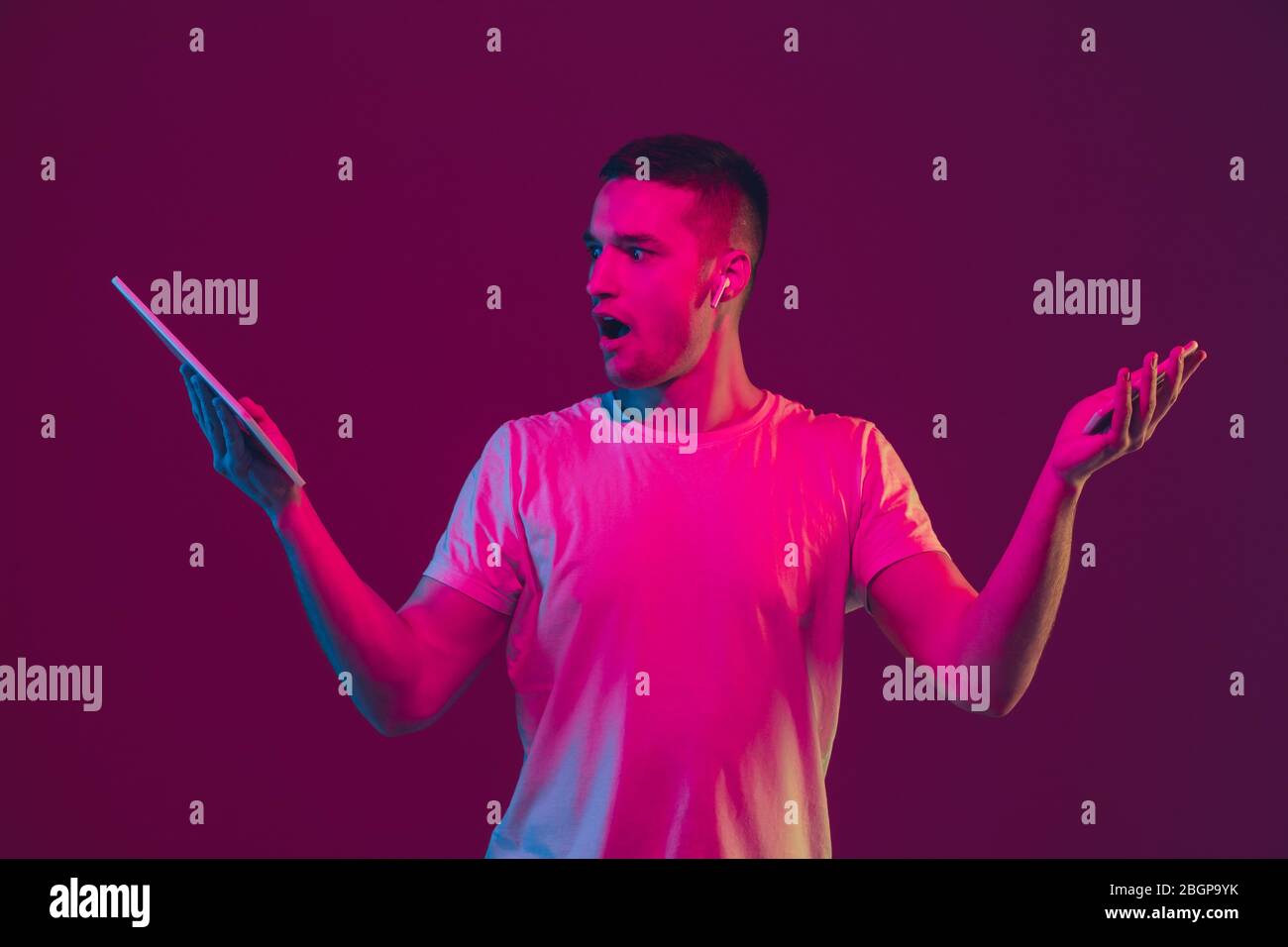 Selfie, vlog, shopping, betting. Caucasian man's portrait isolated on ...