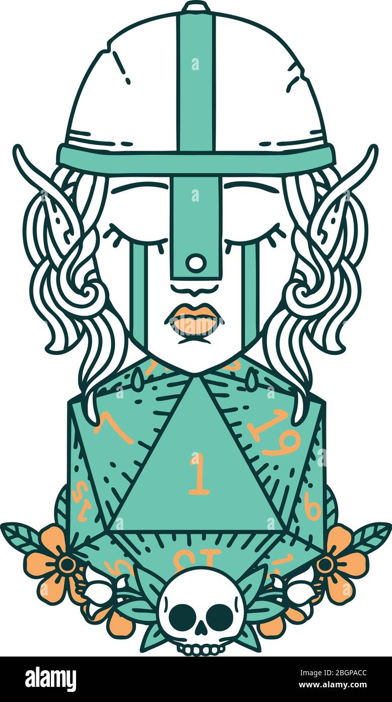 Retro Tattoo Style sad elf fighter character with natural one d20 roll ...