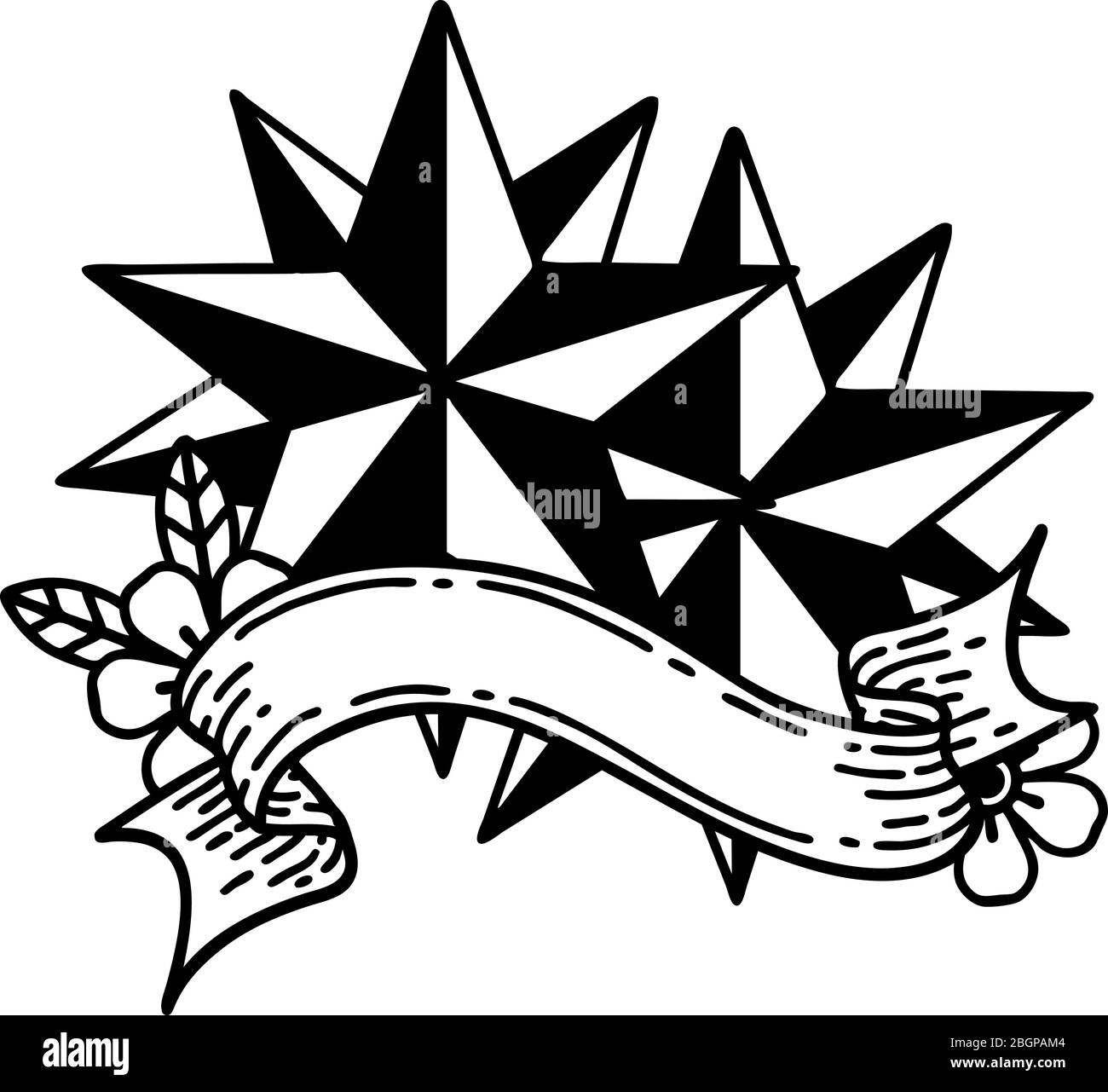 traditional black linework tattoo with banner of stars Stock Vector ...