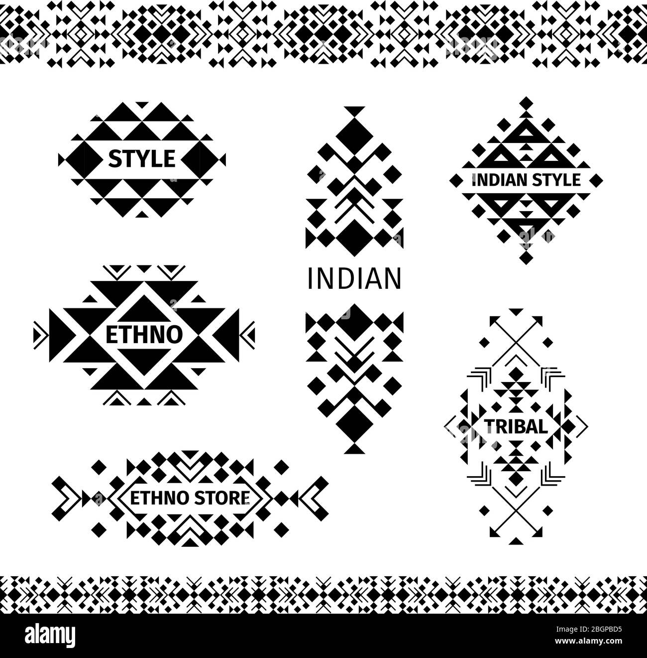 Ethno shop labels or tribal store black emblems on white background ...