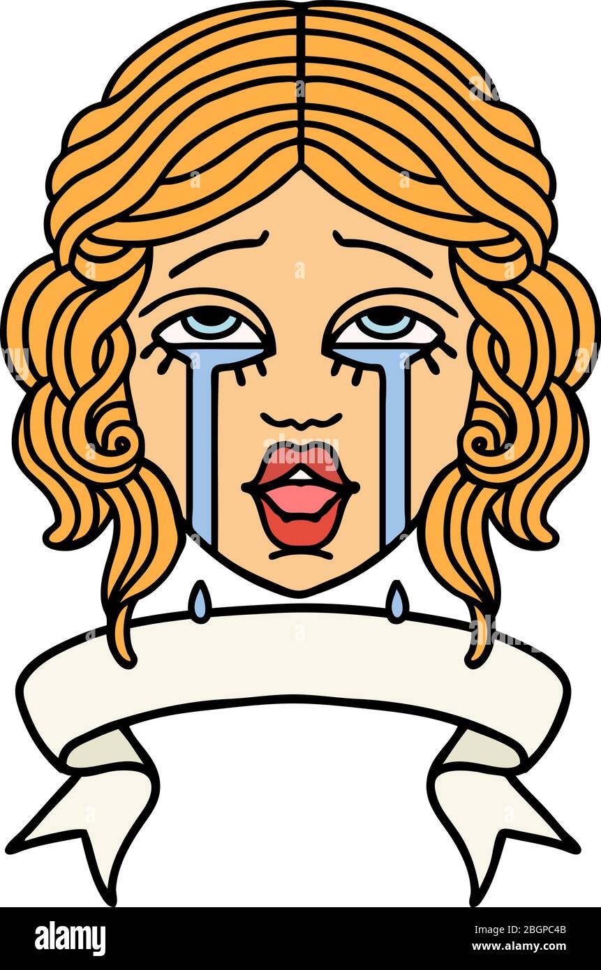 traditional tattoo with banner of a very happy crying female face Stock ...