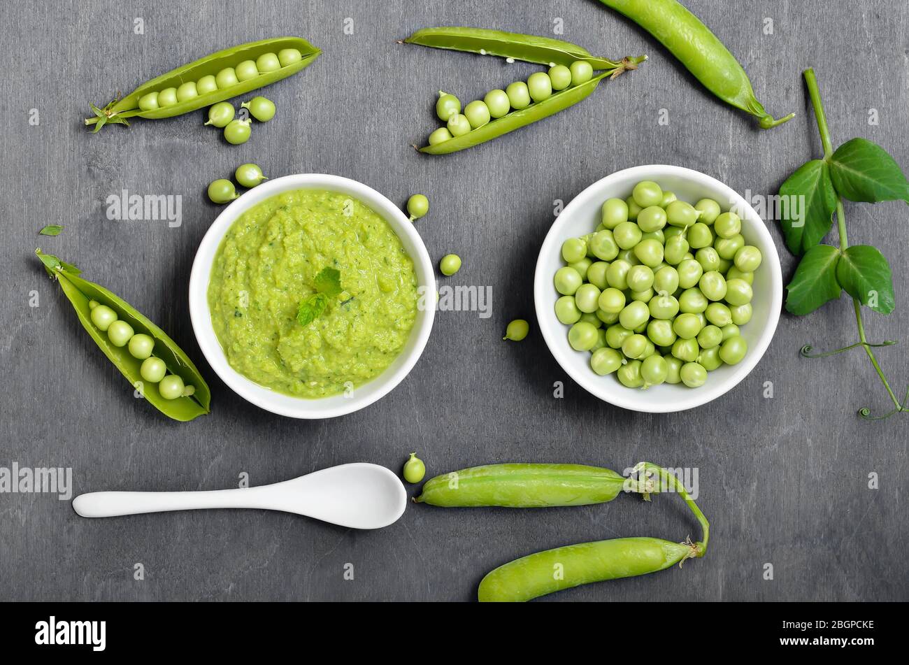 Fresh green peas and homemade green pea puree. Top view, flat lay Stock ...