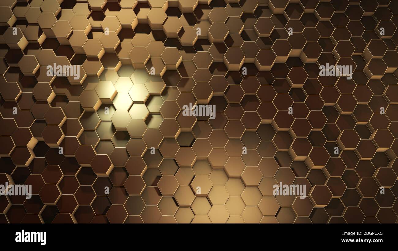 3D rendering of abstract hexagonal geometric golden surfaces in virtual ...