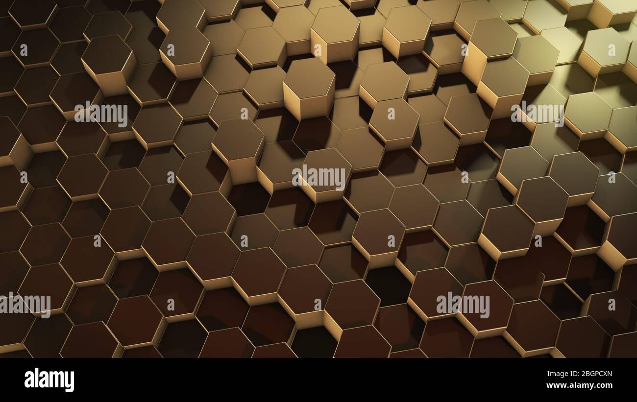 3D rendering of abstract hexagonal geometric golden surfaces in virtual space. Randomly placed ...