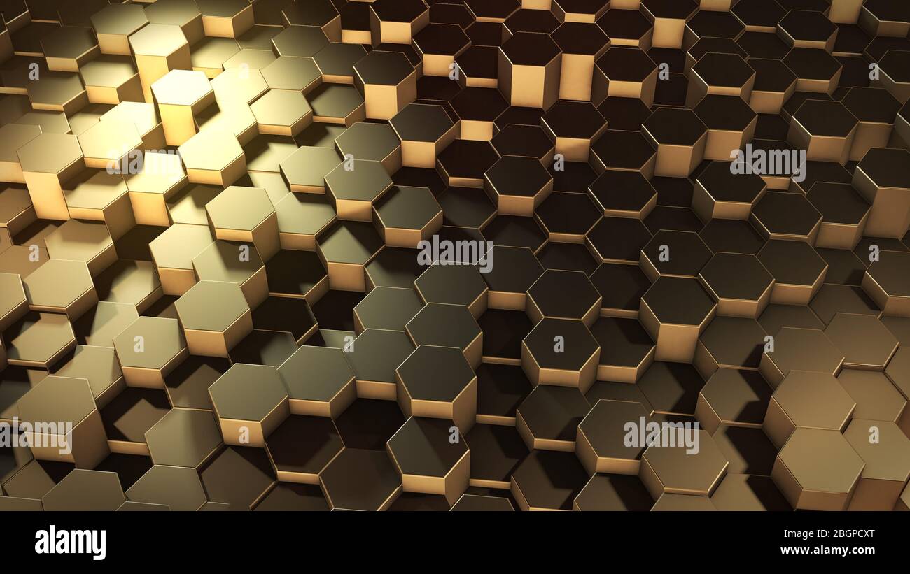 3D rendering of abstract hexagonal geometric golden surfaces in virtual ...
